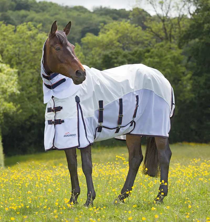 Shires Highlander Plus Maxi-Flow Fly Rug Waterproof in White and Navy